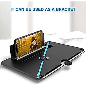 12 inch Screen Magnifier, 3D Smart Mobile Phone Screen Amplifier with Foldable Holder Stand for Any Smart Phone to Watch Your Movies and Videos, Black, F3