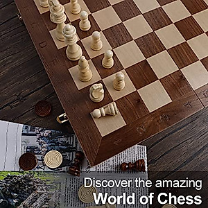 Juegoal 17" Wooden Chess & Checkers Set, 2 in 1 Board Games for Kids and Adults, with Felted Game Board Interior for Storage, Travel Portable Folding Chess Game Sets, 2 Extra Queen, 24 Checkers Pieces