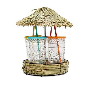 Myxx Tabletop Tiki Hut Party Decoration Lazy Susan Cup Holder with 4 Assorted Glasses