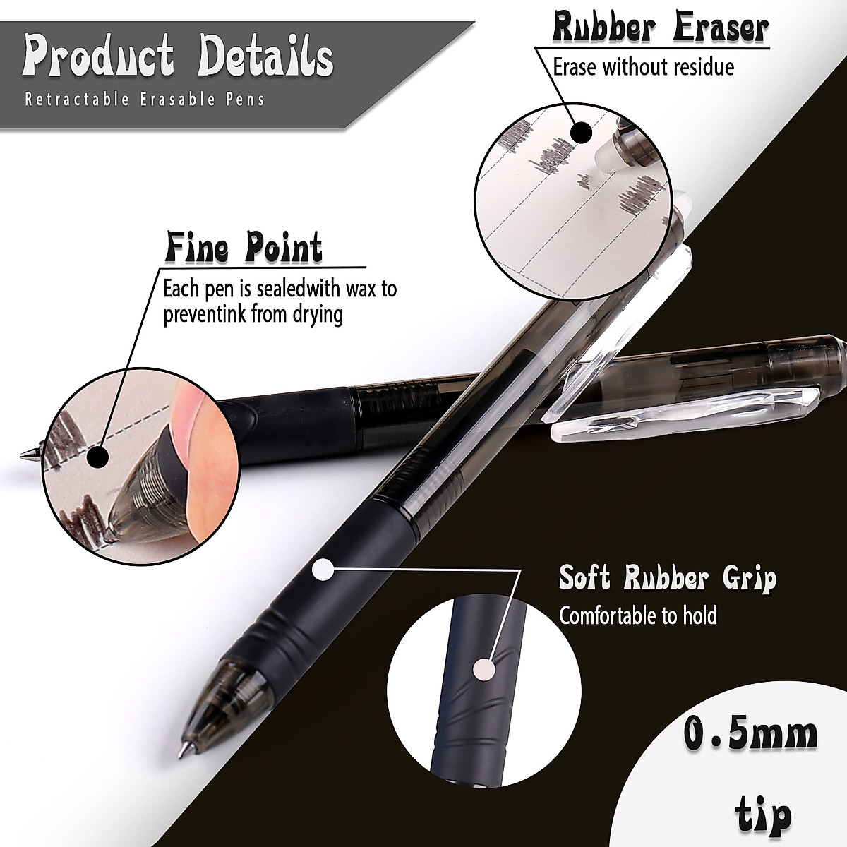 RIANCY Erasable Pens Black Gel Pens Clicker Retractable Fine Point Pen 0.5mm Blue erasable pens Erasable Gel Pens eraser pen Smooth Ink for Drawing note taking Writing Planner and School Supplies