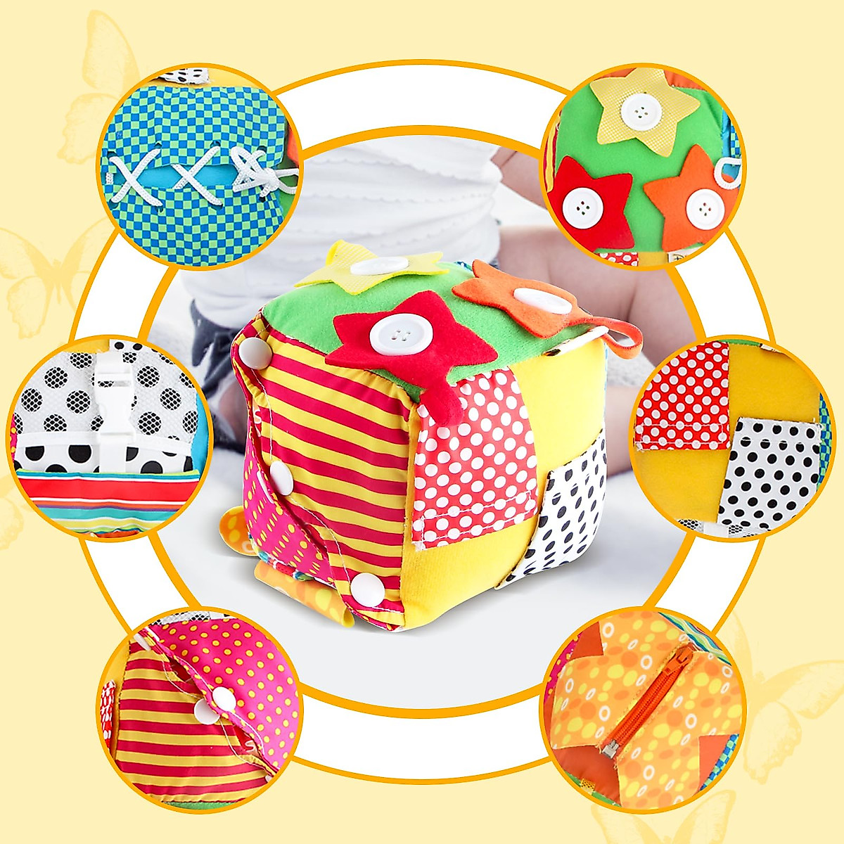 KAKIBLIN Cubic Activity Learning Toy with Zippers, Latches, Buckles, Laces, Snaps, Buttons and More - Perfect for Toddlers at Home, on Airplanes, Cars or Travel