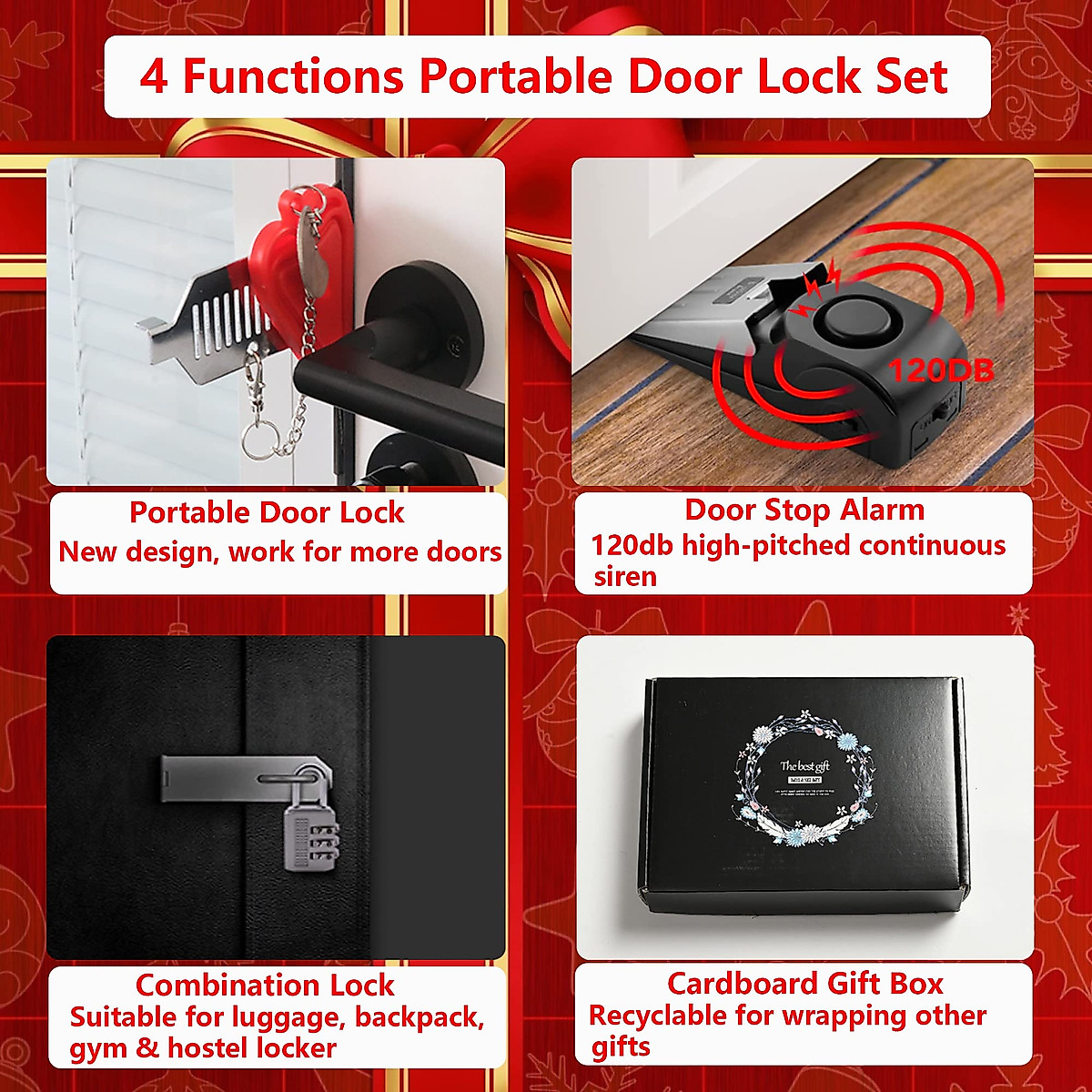 Upgraded Portable Door Lock & Door Stop Alarm, Home Security Door Locker Devices & Door Stopper, Perfect Christmas Gifts Self Defense Travel Essentials for Hotel Apartment Airbnb Additional Safety