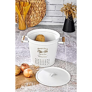 Potato Onion Kitchen Metal Storage Containers, Potatoes Onion Bin Caddy, Storage Jars with Aerating Tin Storage Holes and Metal Lid (White)