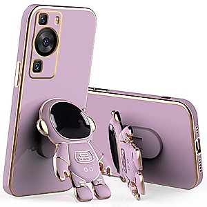 Compatible with Huawei P60 Pro Case for Women Men, Ultra Soft Huawei P60 Pro Phone Case with Stand Silicone TPU Plating Cute Astronaut Pattern Cases Cover (Purple)