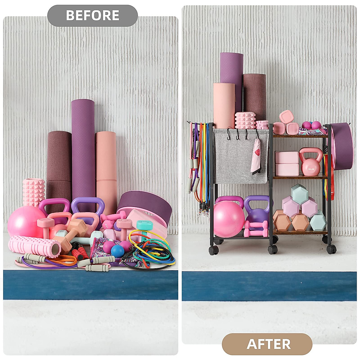 Yoga Mat Storage Rack Home Gym Equipment Storage Organizer Yoga Mat Holder for Yoga Mat Foam Roller Dumbbells Kettlebells Resistance Bands and More Gym Accessories Women Men Workout Equipment