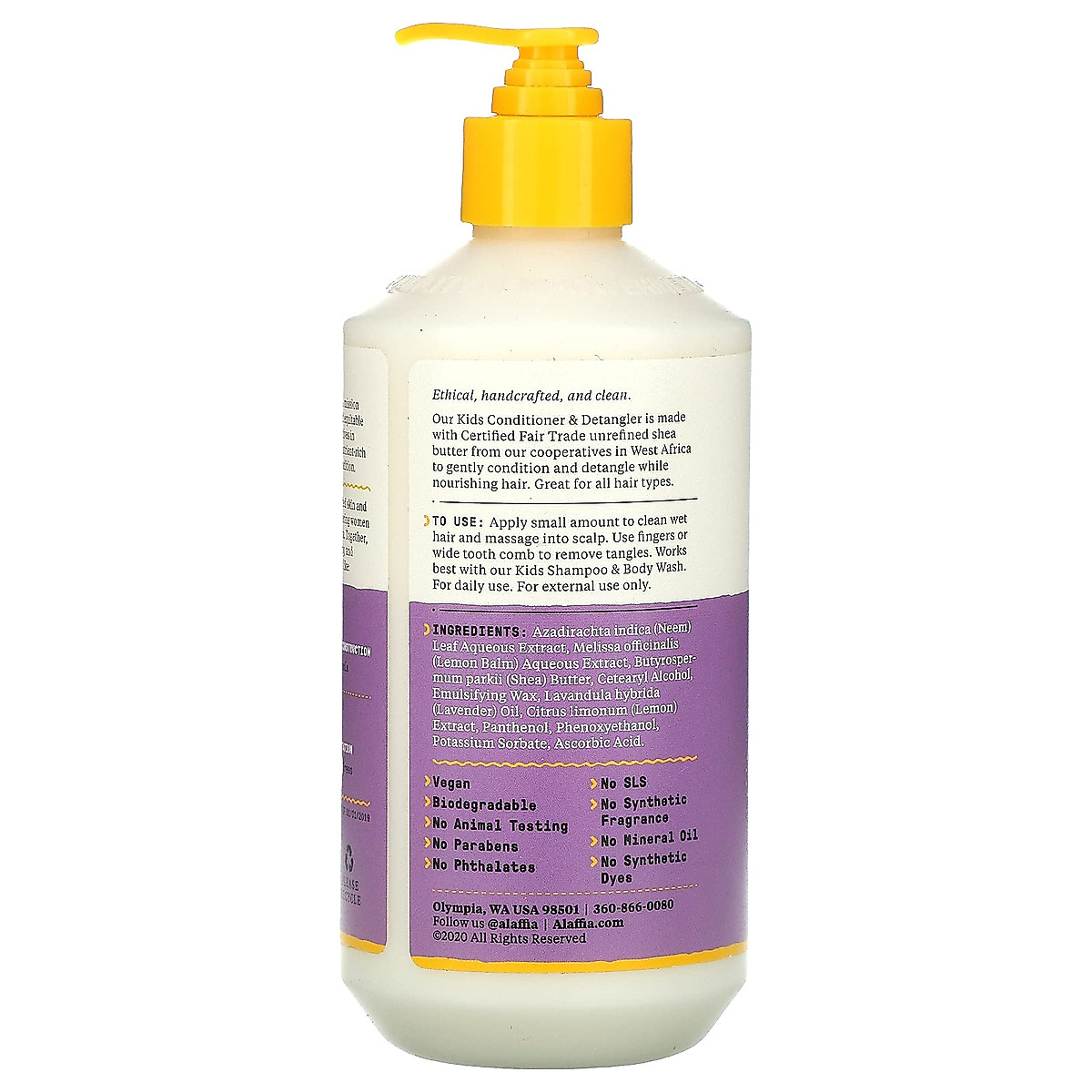 Alaffia Kids Conditioner and Detangler, Lemon Lavender. Gently Conditions and Detangles While Nourishing Hair. Suitable for All Hair Types. Cruelty Free, No Parabens, Vegan. 16 Oz