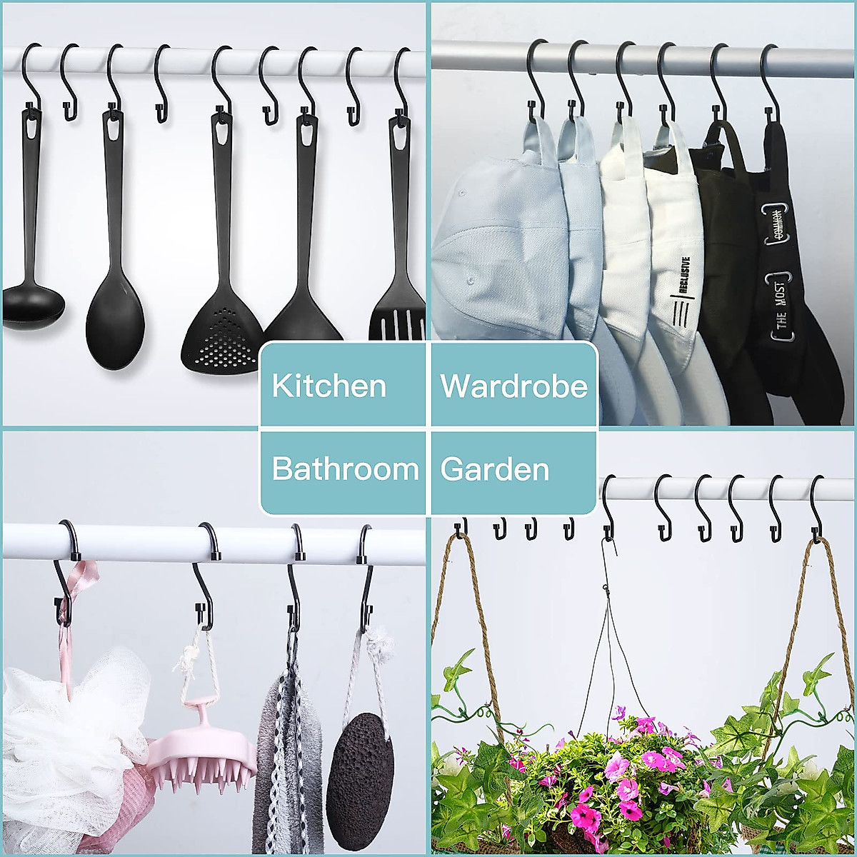 Goowin Shower Curtain Hooks, 12 Pcs S Shape Shower Curtain Rings, Rustproof Black Shower Curtain Rings, Multi-Functional Shower Hooks for Shower Curtain, Kitchen Utensils, Clothing, Towels, Black