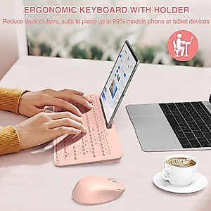 Wireless Keyboard and Mouse Combo, WisFox 2.4G USB Wireless Ergonomic with Phone Holder, Full-Size Keyboard and Mouse Set for Computer, Laptop and Desktop(Pink)