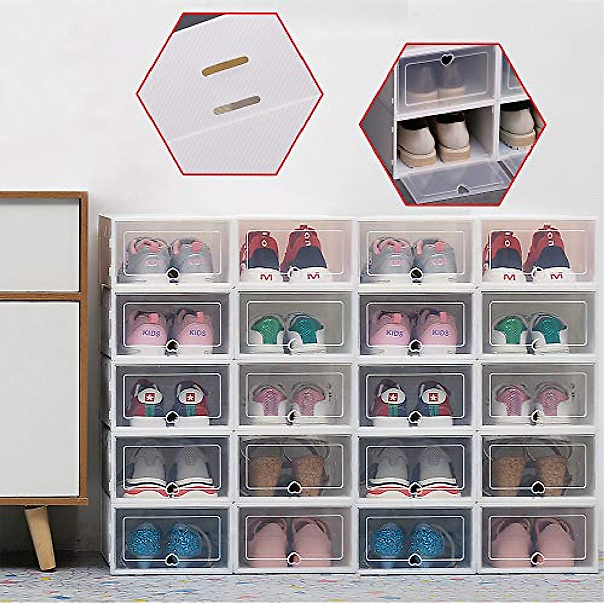YIPONYT 20 Pack Shoe Box Side Open, Plastic Stackable Shoe Storage Organizer Shoe Container Sneaker Box for Men Women Shoe (13.0 x 9.1 x 5.5 inches, White)