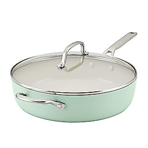 KitchenAid Hard Anodized Ceramic 5-Quart Nonstick Sauté Pan with Shatter-Resistant Lid & Riveted Handle – Durable, Even Heating, Easy Clean, Oven Safe to 500°F, Pistachio