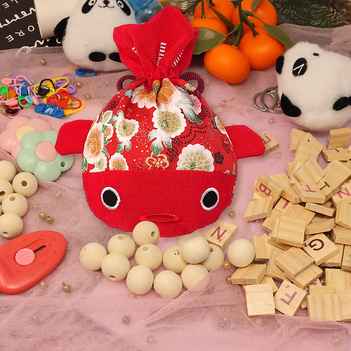 Honbay Cute Japanese Style Goldfish Drawstring Bag Gift Bag Cosmetic Bag Jewelry Pouch Coin Purse, 22x15cm/8.7x5.9inch (Red)