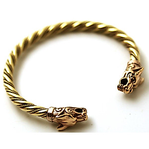 LynnAround Bronze Norse Nordic Viking Fenrir Wolf Head Twisted Cable Bangle Cuff Bracelet Arm Ring Pagan Jewelry (8 Inches)