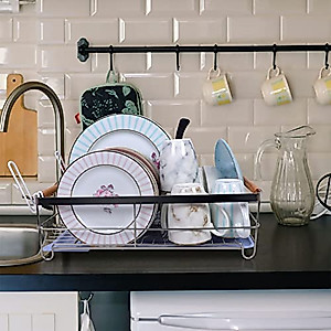 FLIORS Dish Drying Rack Stainless Steel, Dish Racks for Ditchen Counter, Rotating Spout, Detachable Draining Board, Scratch Proof, Rust Proof, Dish Rack for Cups, Cutlery and Cutting Boards