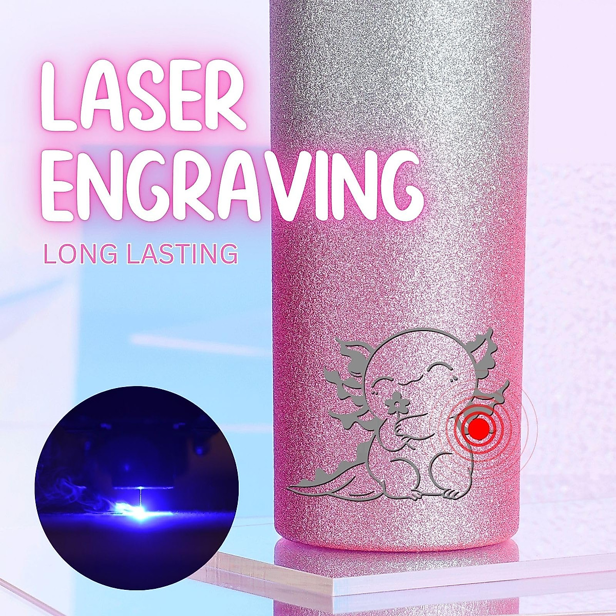 Onebttl Cute Axolotl Gifts for Girls/Women, Axolotl Stuff, Axolotl Water Bottle, Insulated 20 oz Stainless Steel Skinny Tumbler with Straw, Brush, Lid, and Gifts Box, Pink-Silver Gradient Glitter