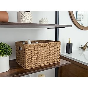StorageWorks Set of 4 Round Paper Rope Storage Baskets, Rectangular Wicker Baskets with Built-in Handles