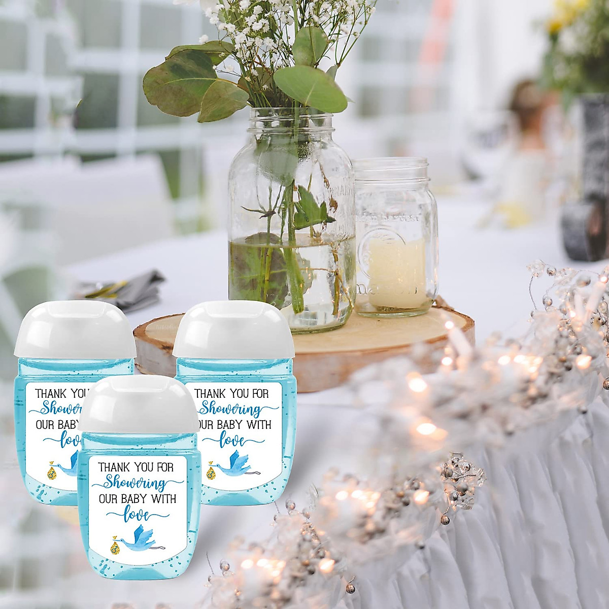 Hand Sanitizer Labels Thank You for Showering Our Little One with Love Stickers, Baby Shower Favor Party Favors Boy., Blue,1.26inches x 1.39inches