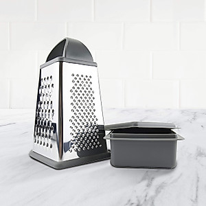 Tovolo Box Grater, Stainless Steel with 4 Sides Best for Parmesan Cheese, Vegetables, Ginger, Nuts with Detachable Storage Container One Charcoal