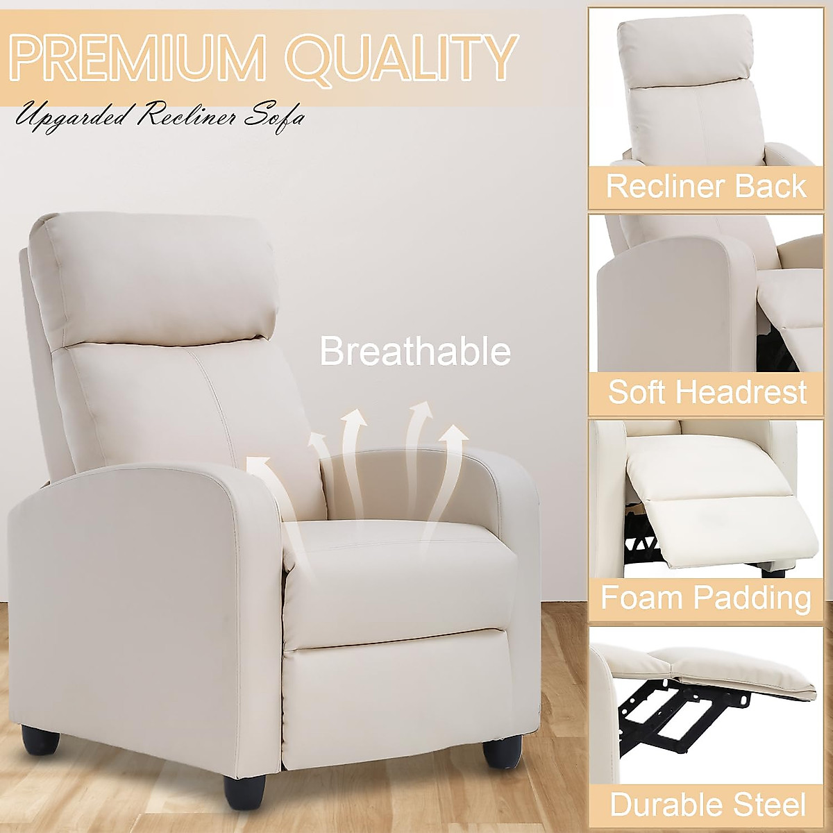 Dopinmin Recliner Chair Breathable Padded PU Leather Massage Single Sofa Recliners for Small Recliner Chair with Footrest Home Theater Seating for Bedroom Living Room,Beige