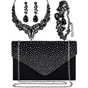 Epakh 4 Piece Black Clutch Purses Jewelry Set for Women, Glitter Rhinestone Evening Bag Handbag, Crystal Necklace, Earrings and Bracelet Black Costume Sets for Women Bridal Wedding Party
