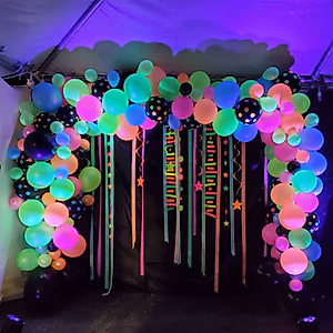150Pcs NEON Balloon Garland Kit, Neon Glow in The Dark Balloon Arch with neon yellow, orange, pink, blue and neon polka dots Blacklight Balloons for Disco Party,Glows with Black Light Party Supplies