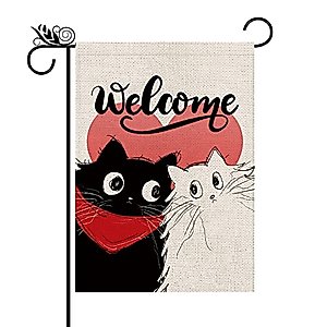 Valentines Day Garden Flag Cat Welcome Valentines Garden Flag Love Heart Home Burlap Double Sided Yard Decor 12.5x18 Inch