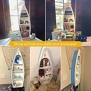 DutchCrafters 4 Foot Small Wooden Coastal Sailboat Bookcase with Four Shelves, Nautical Room Decor, Beach Themed Solid Wood Boat Shaped Book Shelf for Bathroom, Bedroom, Home Decor (Powder Blue)