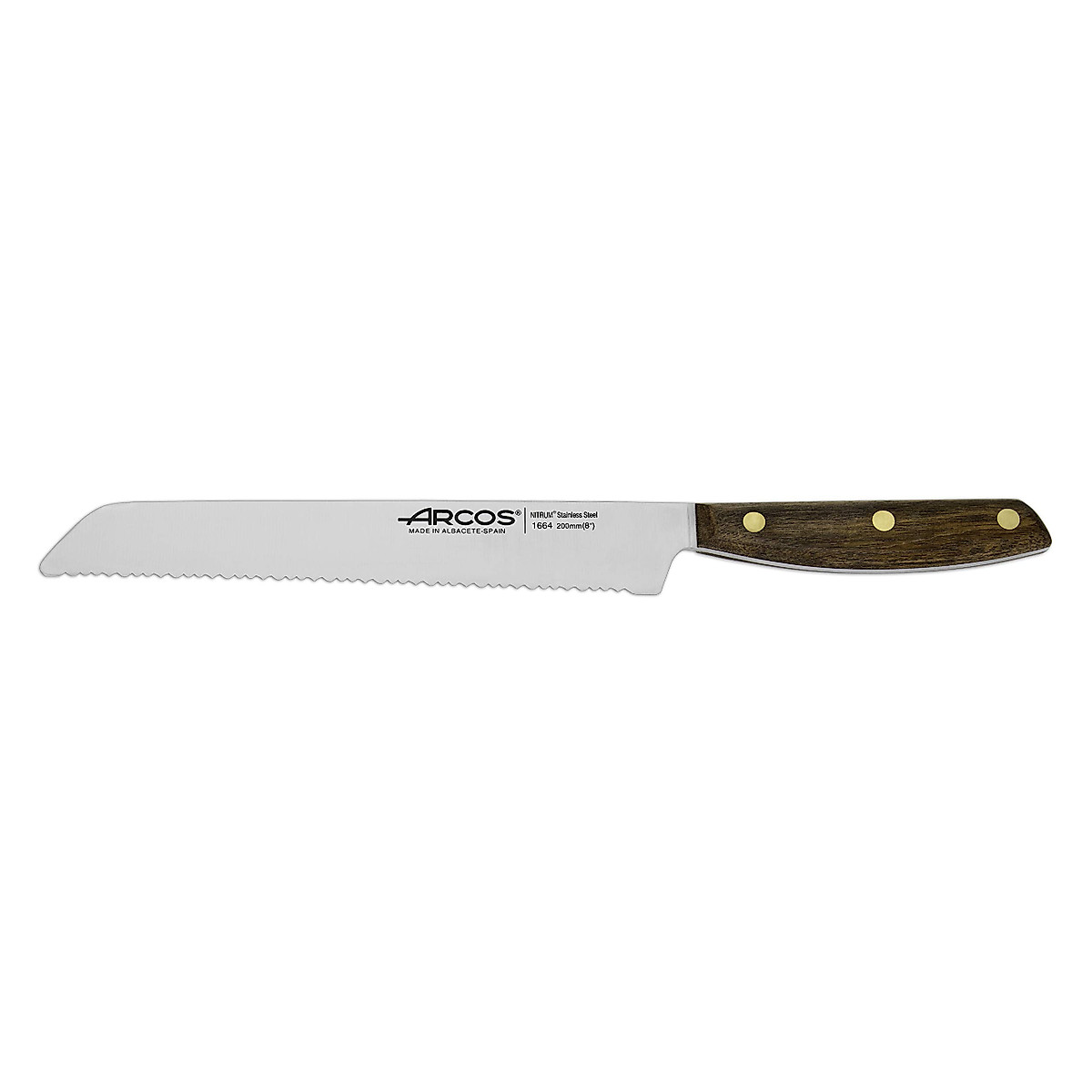 ARCOS Bread Knife 8 Inch Nitrum Stainless Steel and 200 mm blade. Obtain a great variety of cuts for your food. Ideal knife for daily domestic use. Series Nordika. Color Brown.