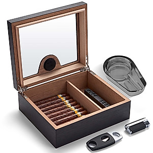 Humidor Cigar Box for 25-50 Cigars with Lighter, Cutter and Ashtray, Digital Hygrometer and Humidifier, Spanish Cedar Lining and Divider, Cigar Accessories Gifts for Men