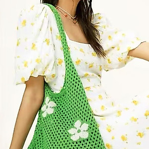 Arcimatto Crochet Tote Bag, Women Summer Aesthetic Mesh Beach Bags, Girls Hobo Bags Y2k Purse Fairy Grunge Accessories (Green Flower)