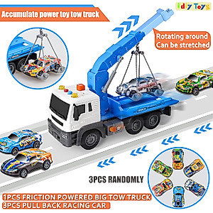 i diy Tow Truck Toy with Hook and 3pcs Pull-Back Race Car，Friction Powered Toy Tow Truck,Tow Truck with Light&Sounds, Toy Trucks for Boys Age 4-7,Construction Toy Truck