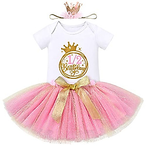 Baby Girl Birthday Tutu - Cake Smash Outfit Gir Infant Toddler 1/2 Birthday Cake Smash Outfit Princess Romper +Tutu Skirts +Crown Baby Shower Newborn Photography Clothes Set Gold Pink 3-6 Months