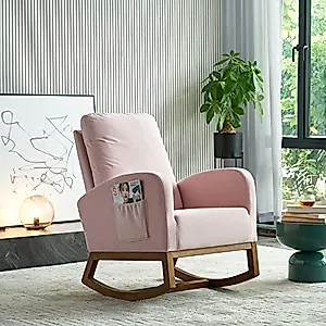 Nursery Rocking Chair,Upholstered Fabric Accent Armchair,Wooden Padded Seat with 2-Side Pocket,Nursing Chair with Rubber Wood Legs,Glider Chair for Nursery,Living Room,Home Office (Pink)