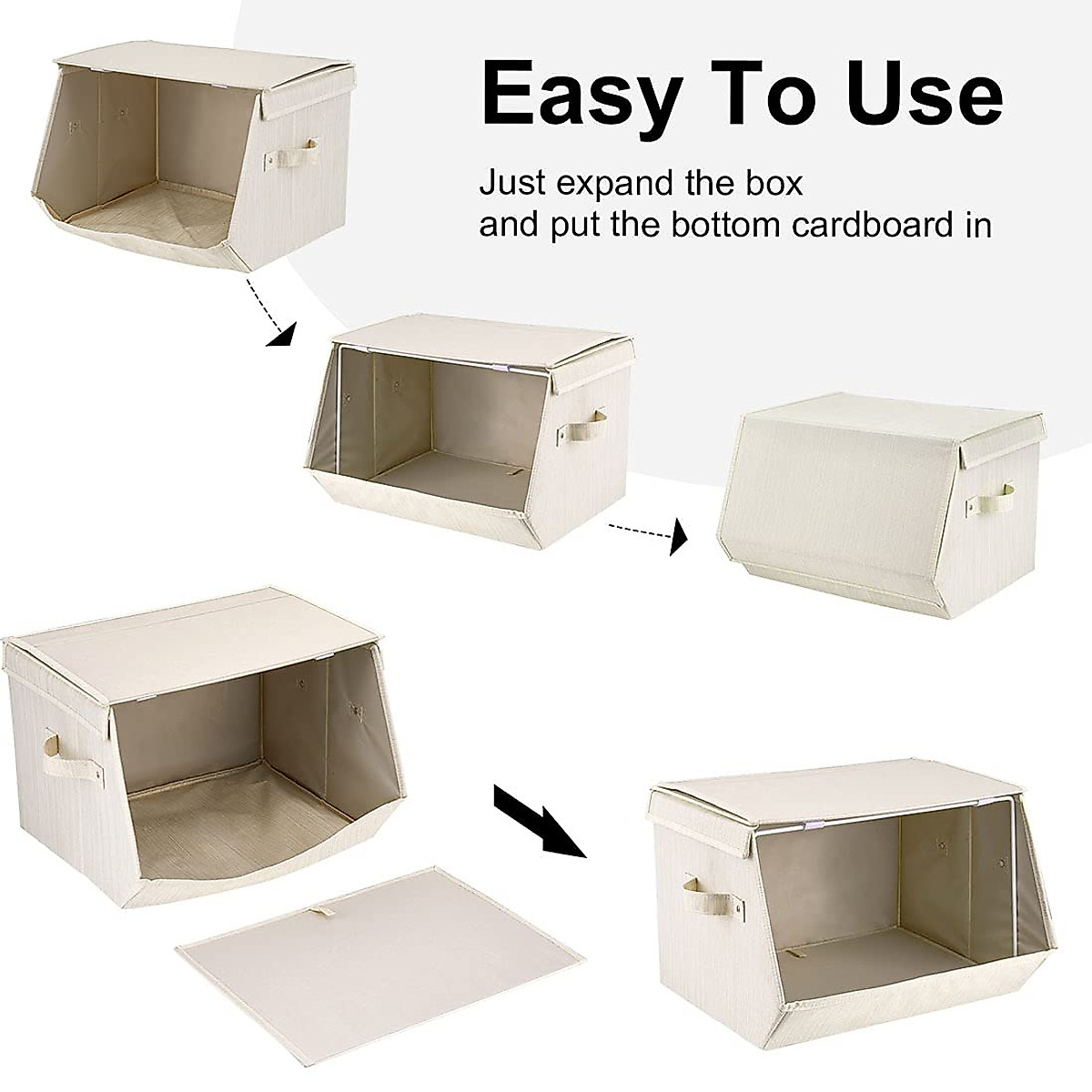 i BKGOO Set of 2 Stackable storage bins,Linen Fabric Foldable Storage Organizer Cubes Box whits Lids and Own-Handle Storage Organizer Bins for Home Office Nursery Living Room Beige 15x10.5 x10inch