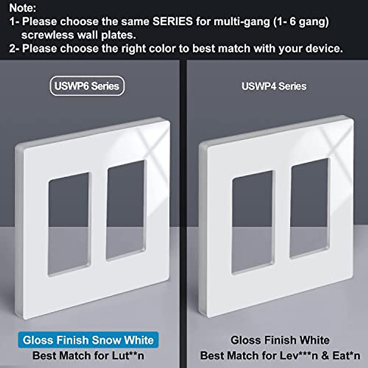 [10 Pack] BESTTEN 2-Gang Screwless Wall Plate, USWP6 Snow White Series, Decorator Outlet Cover, H4.69” x W4.73”, for Light Switch, Dimmer, GFCI, USB Receptacle