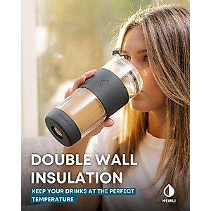 Hemli 19 oz. Clear Double Wall Glass Coffee Tumbler, To Go Glass Travel Mug with Lid, Portable Glass Thermos with Straw, Reusable Cup for Coffee, Tea, Smoothies, Ice Coffee, and Boba (Black)