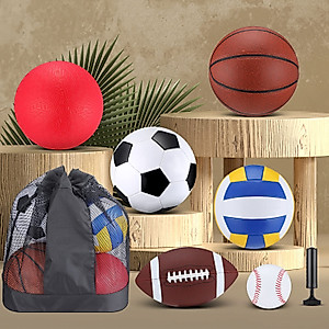 Libima 6 Pcs Multi Sport Ball Set Official Size Football, Basketball, Soccer, Volleyball, Playground Ball, Baseball with Sports Equipment Bag Pump for Teen Adult Christmas(Classic Style)