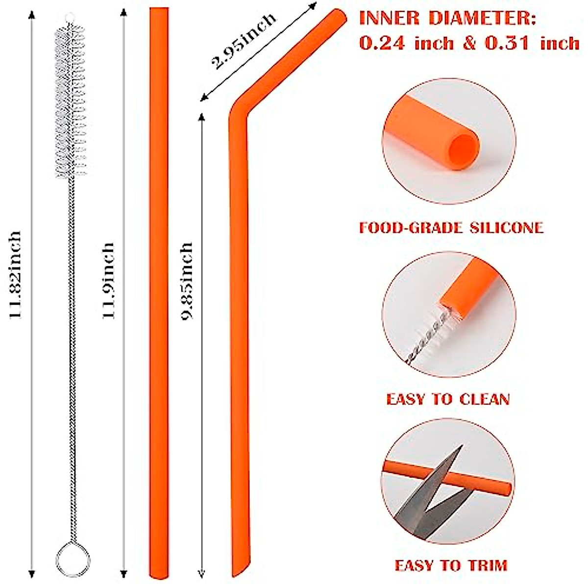 12 Pack Reusable Replacement Straws for Stanley Cup 40 oz Tumbler, Silicone 12 Inch Extra Long Drinking Straw with Cleaning Brush, Flexible Color Bent & Straight Straws for Stanley H2.0 with Handle