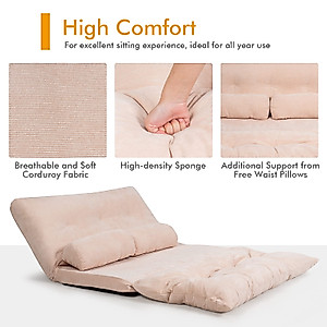 COSTWAY Convertible Floor Sofa Couch with 2 Waist Pillows, Folding 6-Position Adjustable Loveseat with Corduroy Fabric, Metal Frame, Upholstered Floor Couch Lounge for Reading Playing Gaming (Brown)