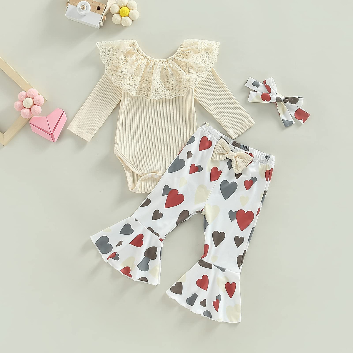 Valentine Day Baby Girl Cute Lace Ruffle Long Sleeve Romper Bodysuit Top and Bowknot Sweetie Heart Flare Long Pants Headband (Beige,0-6 Months)