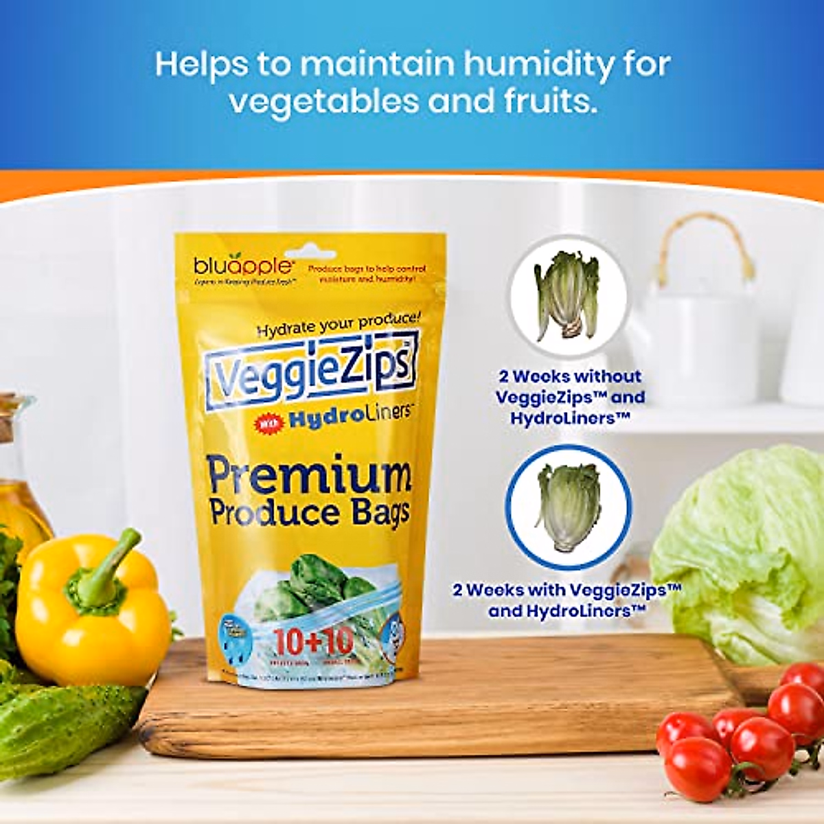 Bluapple VeggieZips Premium Produce Storage Bags - 10 Produce Food Saver Bags + 10 HydroLiners to Keep Produce Fresh Longer - Washable & Reusable Bags for Humidity Control for Fruits and Vegetables