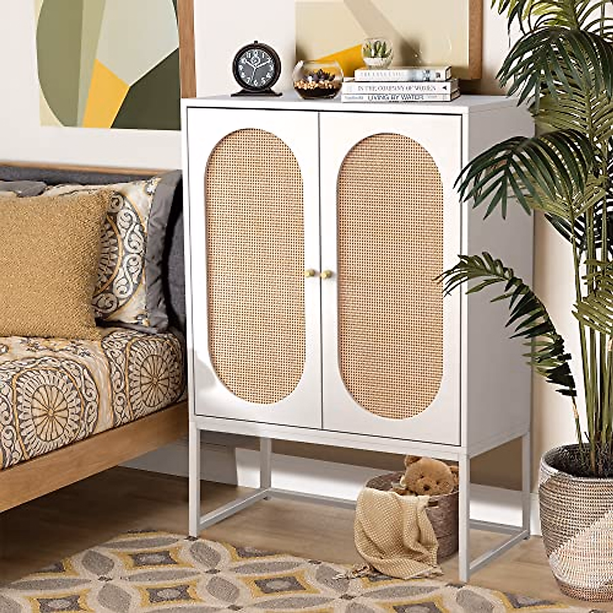 AWQM Natural Rattan 2 Door High Cabinet,Sideboard Buffet Cupboard Accent Cabinet,Adjustable Shelves,Free Standing Bookmatch,Easy Assembly,26.77" L x 15.75" W x 41.34" H,White