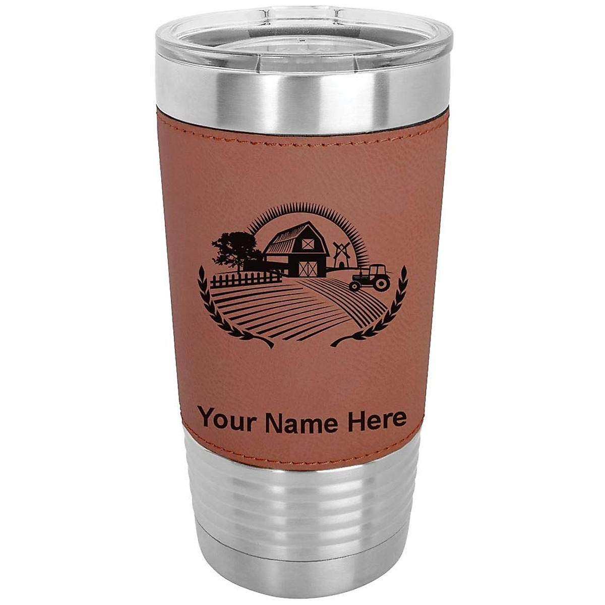 LaserGram 20oz Vacuum Insulated Tumbler Mug, Farm, Personalized Engraving Included (Faux Leather, Dark Brown)
