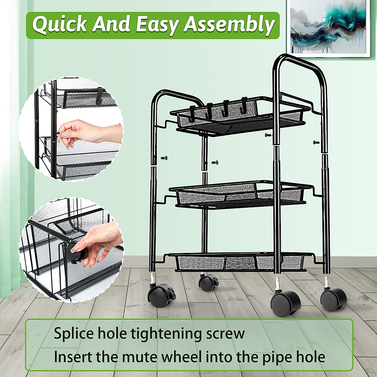 3 Tier All-Metal Rolling Cart, Trolley Craft Cart with Locking Wheels, Easy-Carry and Assembly Mesh Trolley Cart with 1 Small Baskets and 4 Hooks for Bathroom Kitchen Office Balcony Living Room