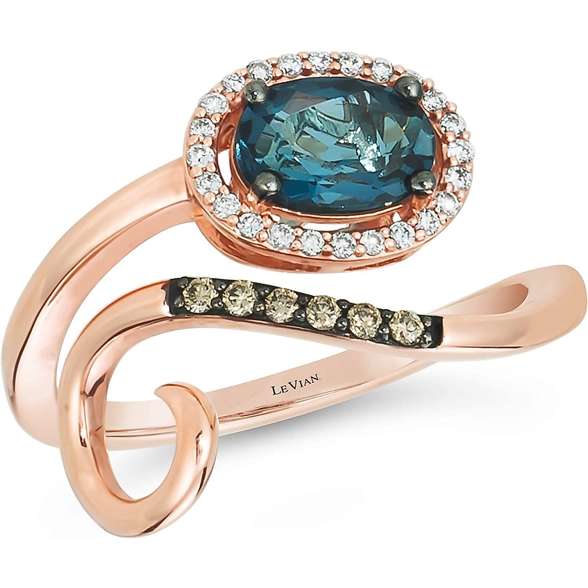 LE VIAN 1/8 Carat Diamond and Oval Blue Topaz Bypass Ring for Women in 14k Rose Gold (G-H/Fancy Brown, VS2-SI1, cttw) Anniversary Promise Ring Size 7