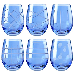 American Atelier Medallion Stemless Wine Glass Set of 6, 17 oz, Etched Patterns, Textured Glass Cups, Glasses for Red or White Wine, Stemless Goblets, Fifth Avenue Crystal, Blue