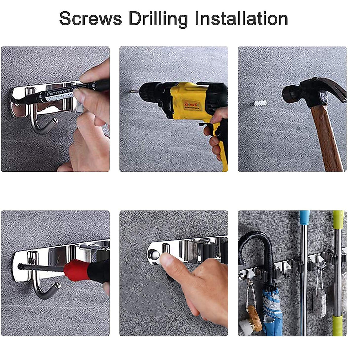 Mop Holder,Broom Organizer, 304 Stainless Steel Broom Holder with 3 Racks 4 Hooks, Wall Mount Garage Organizer Garden Tool Organizer,Hooks Hanger Rack Storage & Home Organization (1 Pack)