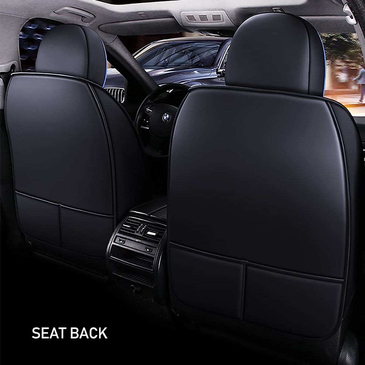 Pengchen Waterproof 5 Car Seat Covers for Nissan Rogue 2008-2025, Premium Faux Leather Automotive Front and Back Seat Protectors Compatible with Airbag Black & Blue Line