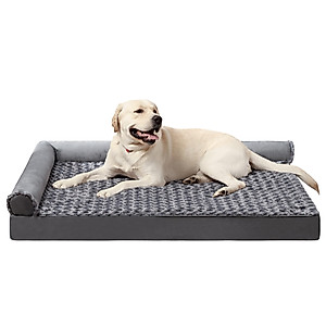 MIHIKK Orthopedic Dog Couch Bed Deluxe Plush L-Shaped with Waterproof Lining Bolster Dog Sleeping Sofa with Removable Washable Cover & Nonskid Bottom Pet Bed for Medium Large Jumbo Dogs, Gray