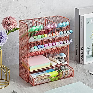 Spacrea Pen Holder Desk Organizer - Desk Organizers and Accessories, Pencil Holder with 10 Compartments and 1 Drawer（Rose Gold）