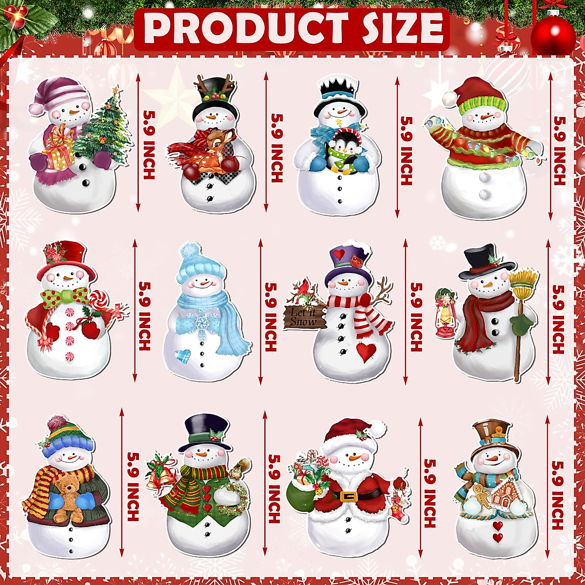 Christmas Snowman Refrigerator Magnets Decoration 12Pcs, Magnetic Holiday Snowman Car Decals Fridge Garage Door Stickers, Waterproof Decorative Xmas Snowman Magnet Accessories for Party Decor